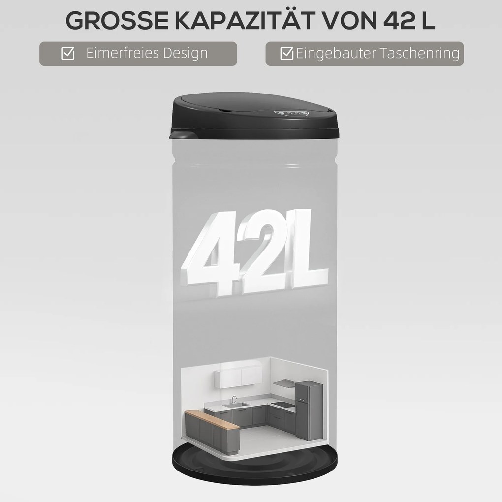 HOMCOM 42l senzorem řízený odpadkový koš s funkcí Soft-Close, bezdotykový odpadkový koš z nerezové oceli pro hygienické kuchyně 851-048V00BK