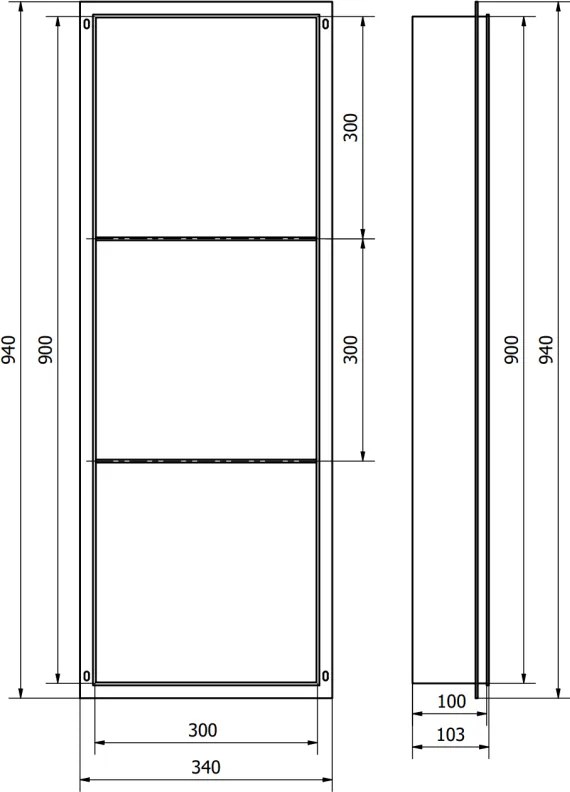 Mexen X-Wall-NR, polička na zapuštění pod obklad bez límce 90 x 30 cm, černá matná, 1971903010S