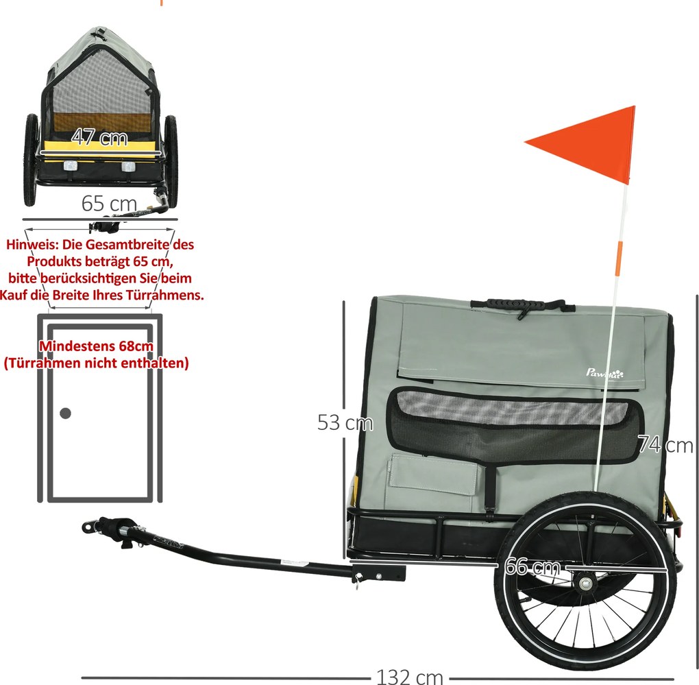 Přívěs pro psy PawHut 3 v 1, přívěs na kolo s odrazkami pro malé psy do 10 kg, Oxford Grey |