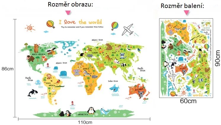 Živá Zeď Samolepka na zeď Dětská barevná mapa světa