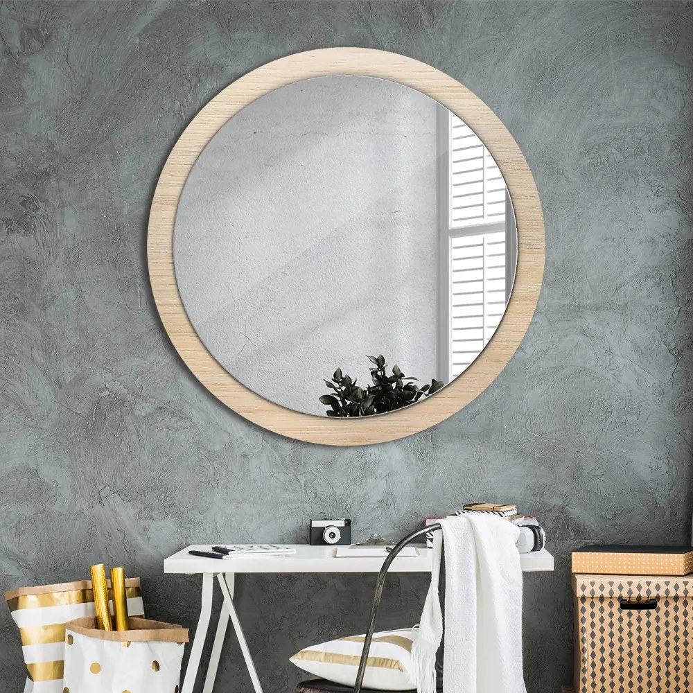 Kulaté zrcadlo tištěný rám Světlé dřevo fi 100 cm