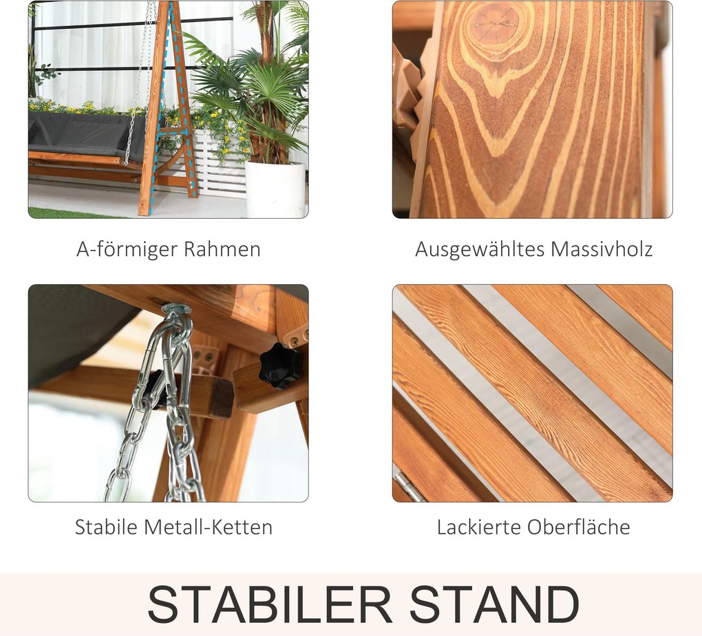 Outsunny Hollywoodská houpačka pro 3 osoby s funkcí lůžka, zahradní houpačka se stříškou, borovicové dřevo v šedé barvě a teak, 225,5x113x180cm