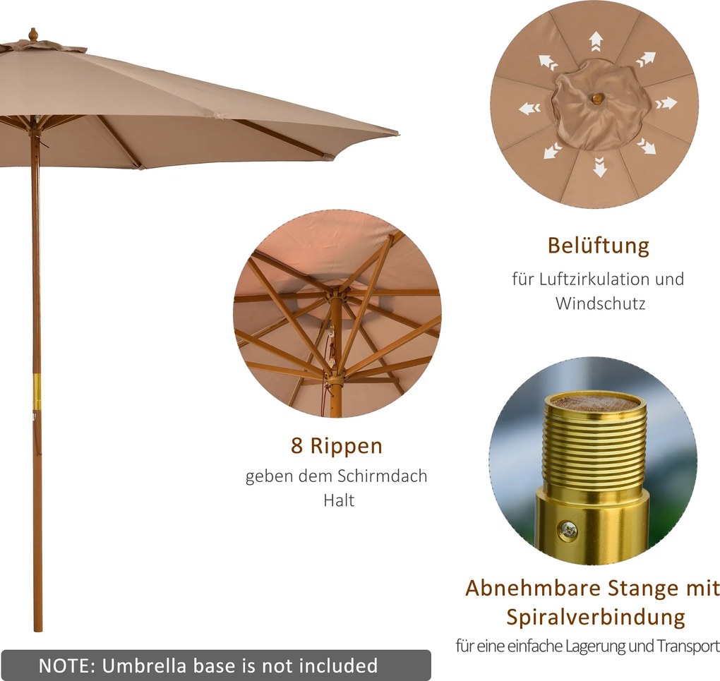 Outsunny slunečník dřevo 300 cm dřevěný slunečník zahradní slunečník balkonový slunečník bambus khaki | Aosom