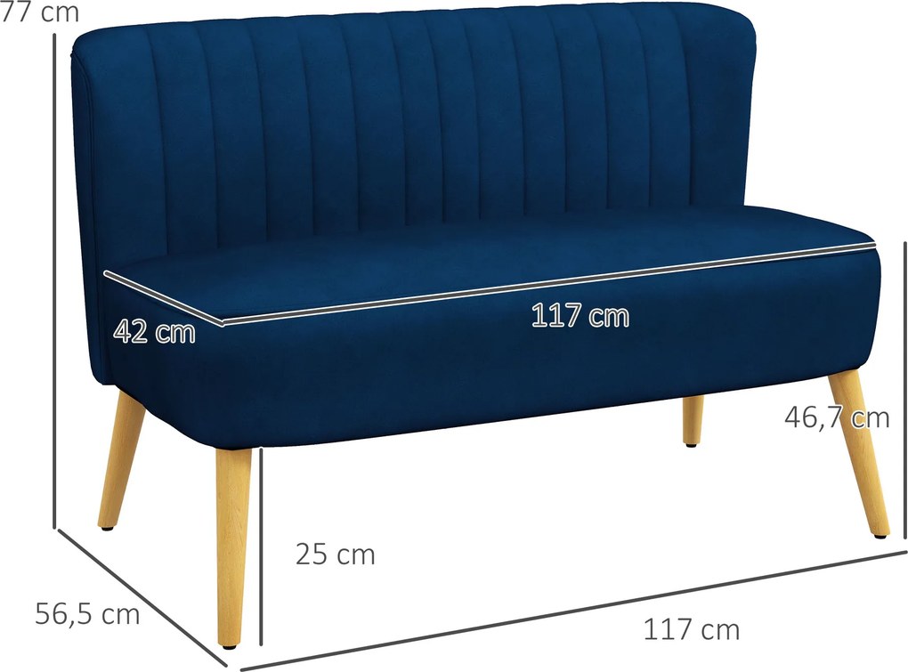 HOMCOM dvojmístná pohovka – malá čalouněná sedačka s efektem sametu, tmavě modrá, 117 x 56,5 x 77 cm