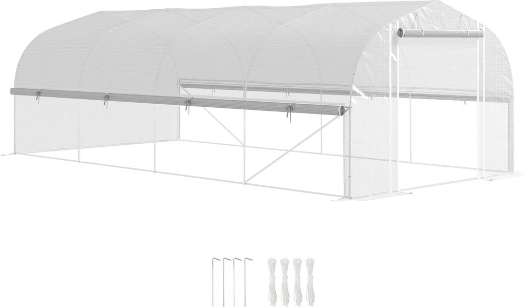 Zelený skleník Outsunny 6 x 3 x 2 m z polyethylenu s 8 okny a dveřmi, boční stěny se zipem, UV-ochranný filmový tunelový skleník na rajčata s pozinkov
