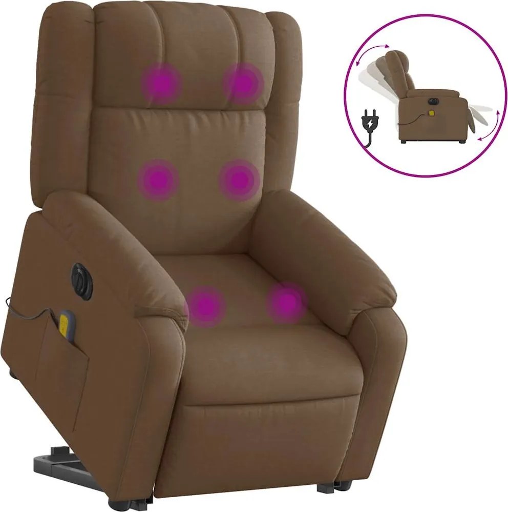 Elektrické zvedací masážní polohovací křeslo hnědé textil 3205242