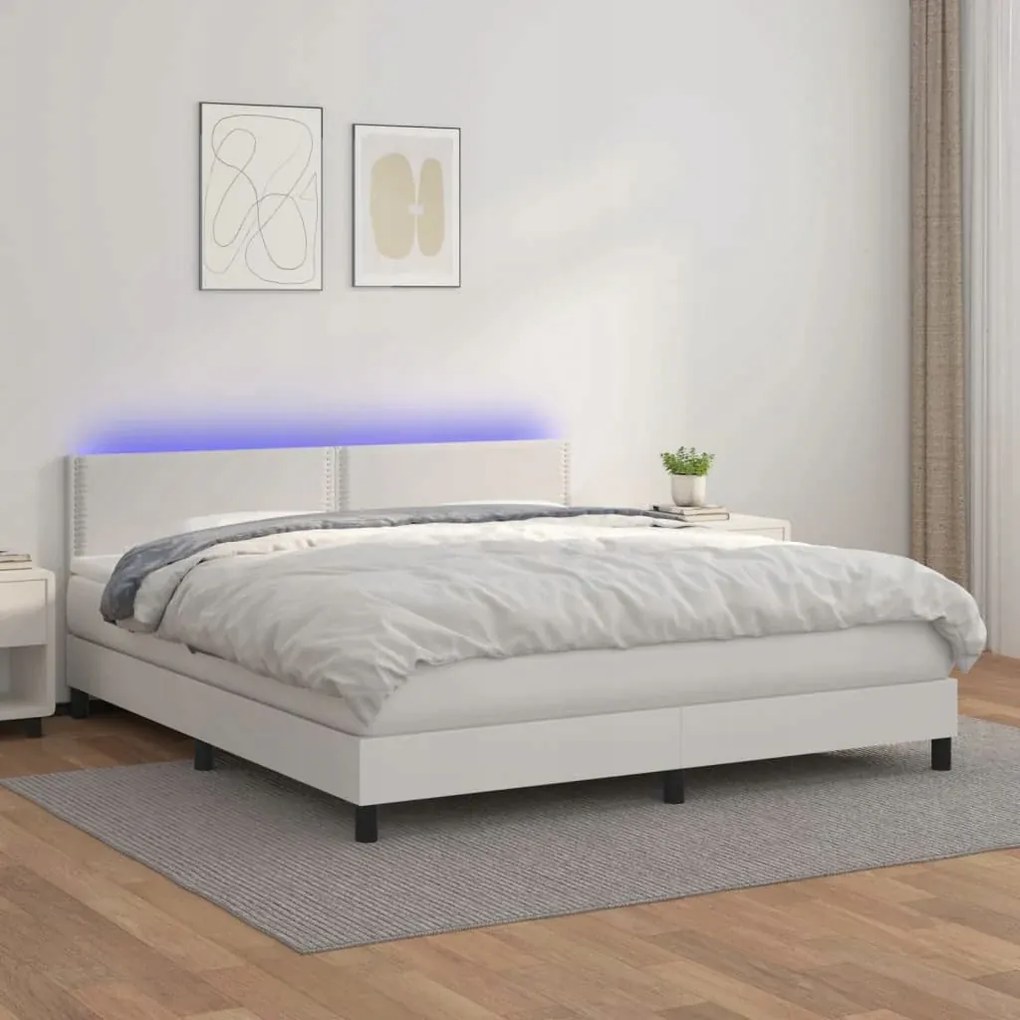 Box spring postel s matrací a led umělá kůže bílá