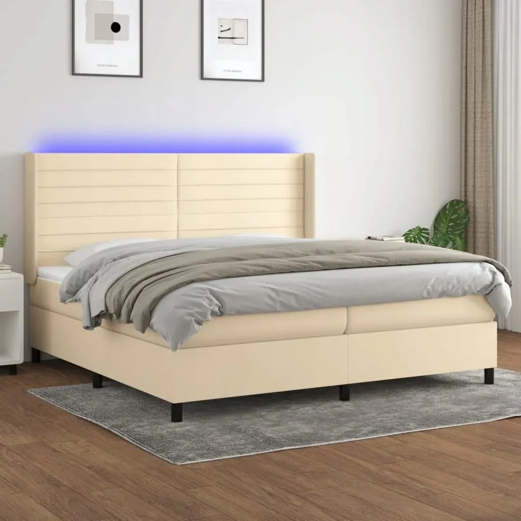 Box Spring Postel S Matrací A Led Textil Krémová vodorovné pruhy 200 x 20