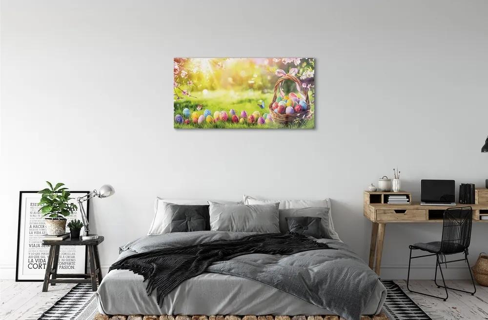 Obraz na skle Basket vejce květina louka 120x60 cm
