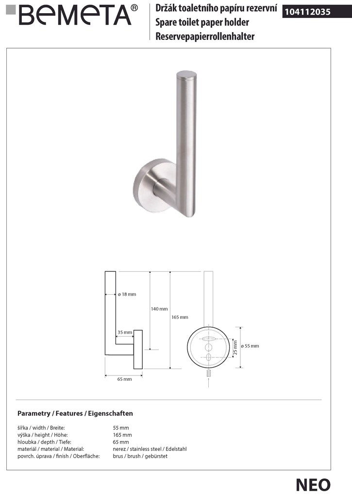 Bemeta Design NEO: Držák toaletního papíru, rezervní, nerez - 104112035