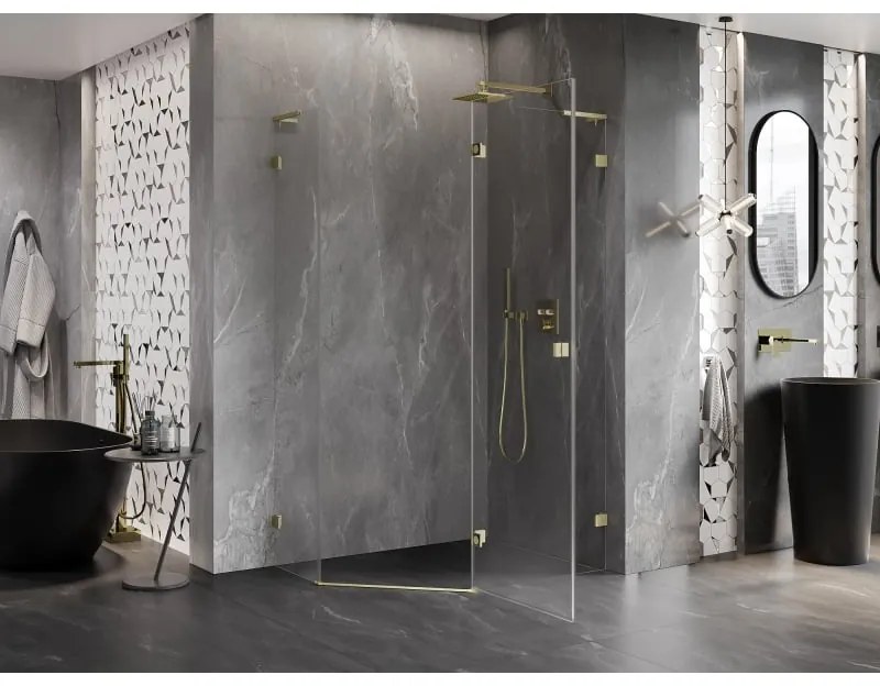 Mexen Lunar, L pravý výklopný pětiúhelníkový sprchový kout 100 x 80 cm, 8mm čiré sklo, zlatý matný profil, 831L-100P-080L-55-00-P