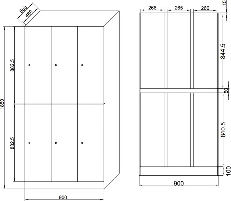 Šatní skříňka S1 s úložnými boxy, 6 boxů, 1850 x 900 x 500 mm, otočný zámek, laminované dveře, bílá