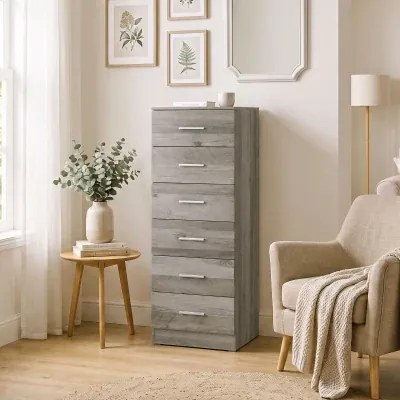 HOMCOM komoda se 6 zásuvkami, vysoká komoda do ložnice se zásuvkami s ochranou proti převrácení, 40x40x110 cm, světle šedá