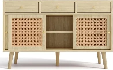 Aosom Komoda se 3 zásuvkami a 3 posuvnými dveřmi, proutěný vzor, 120×40×78 cm, přírodní barva