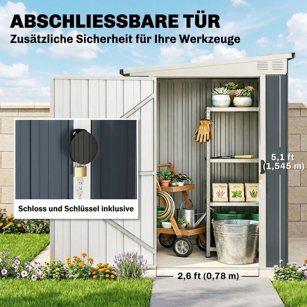 Metalový zahradní přístřešek Outsunny 2.6m² 128x193x181cm s pultovou střechou, oknem a zámkem, odolný proti počasí pro zahradní a venkovní použití Tm…