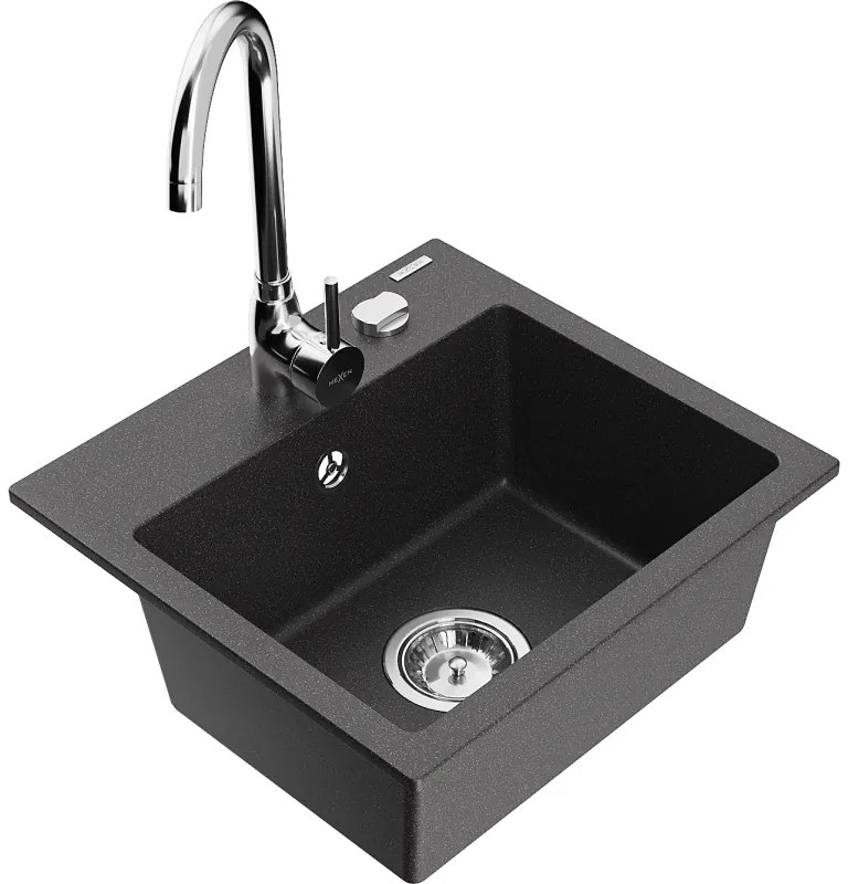 Mexen Milo, 1-komorový granitový dřez 43,5x41 cm a kuchyňská baterie Telma, černá-skvrnitá, 6505-76-670200-00