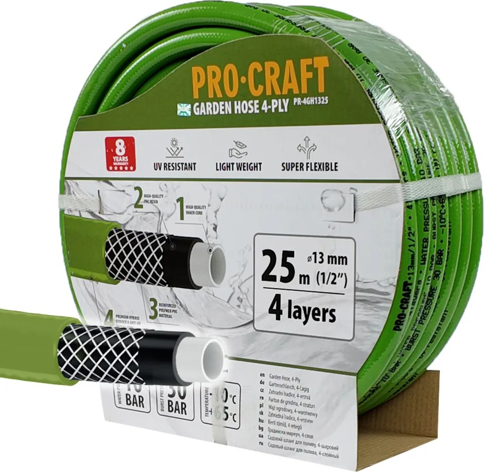 Zahradní hadice Procraft PR-4GH1325, 4 vrstvy, 1/2" 25 m, zelená