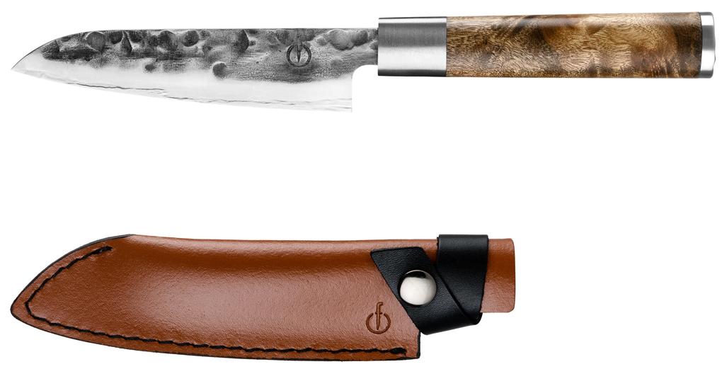 Ručně vyráběné nože z oceli Forged | Sun System Nůž Santoku 14cm koženým pouzdrem VG10