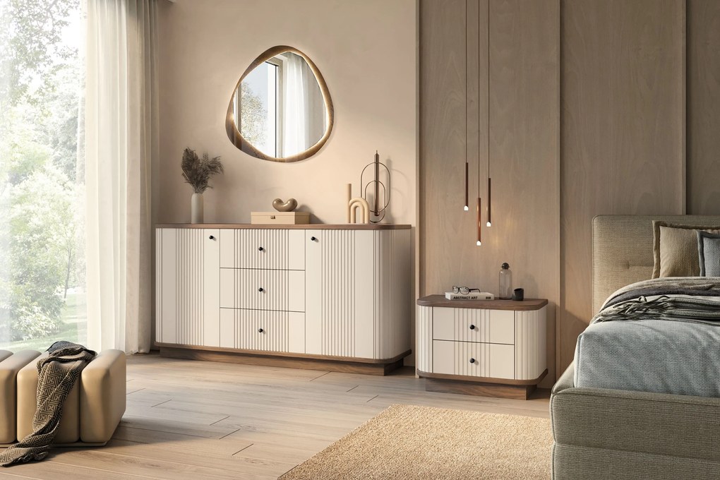 Komoda Vesper 160 cm se zásuvkami - kašmírová / ořech / černé úchytky