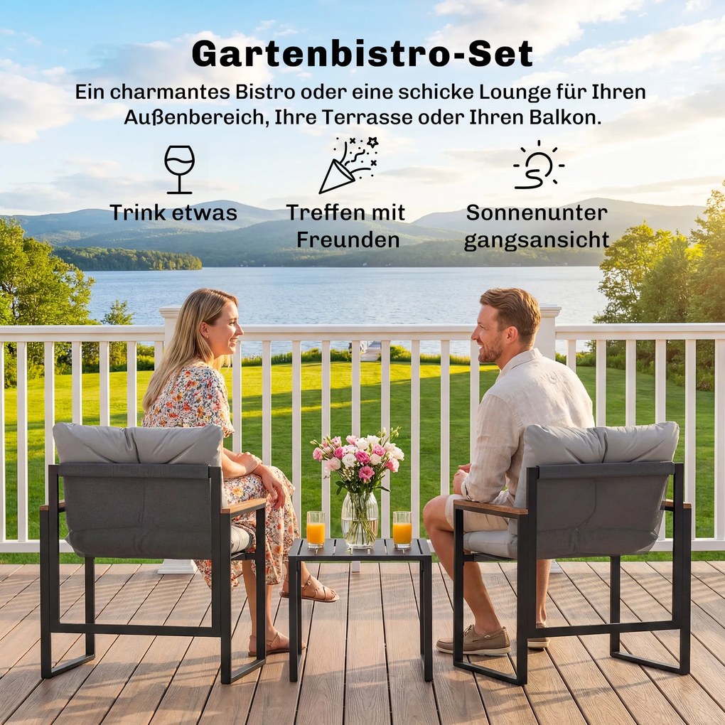 Outsunny 3dílný bistro set pro 2 osoby — kovový rám, polstrovaná křesla a odkládací stolík, zahradní nábytek na balkon, terasu nebo trávník