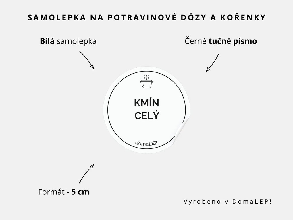 KMÍN CELÝ - omyvatelná samolepka na kořenky, výběr rozměrů Ø 5 cm / 5 x 5 cm / 6 x 8 cm | DomaLEP tvar: OBDÉLNÍK, barva: BÍLÁ - ČERNÉ písmo, velikost: š. 6 cm x v. 8 cm - tučné písmo