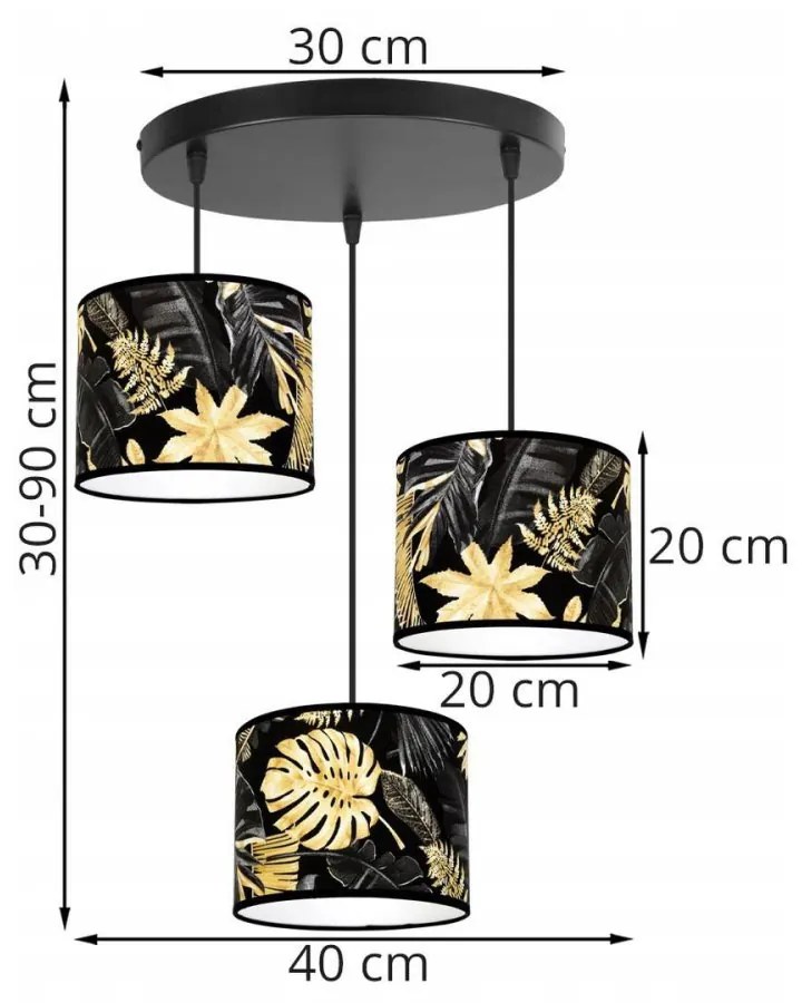 Závěsné svítidlo Gold Flowers, 3x černé textilní stínítko s květinovým vzorem,