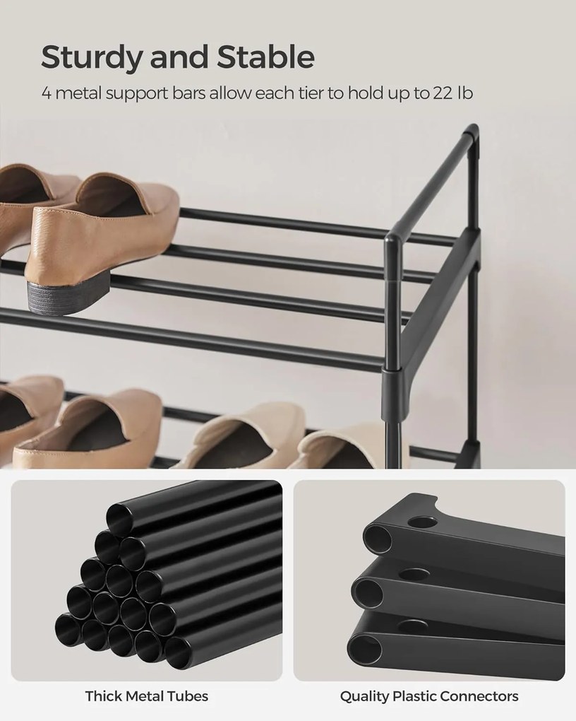 4patrový botník, kovový botník pro 20 párů bot, 92x30x73 cm, černý
