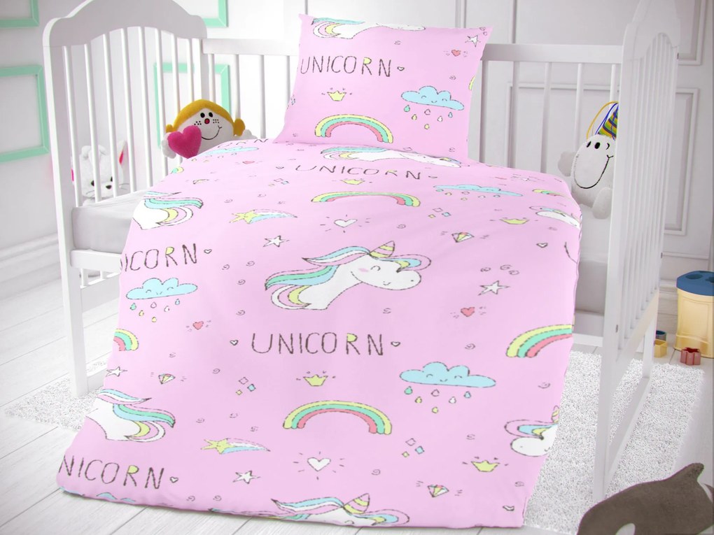 Kvalitex Bavlněné povlečení do dětské postýlky Unicorn růžový 1x 100/135, 1x 40/60cm