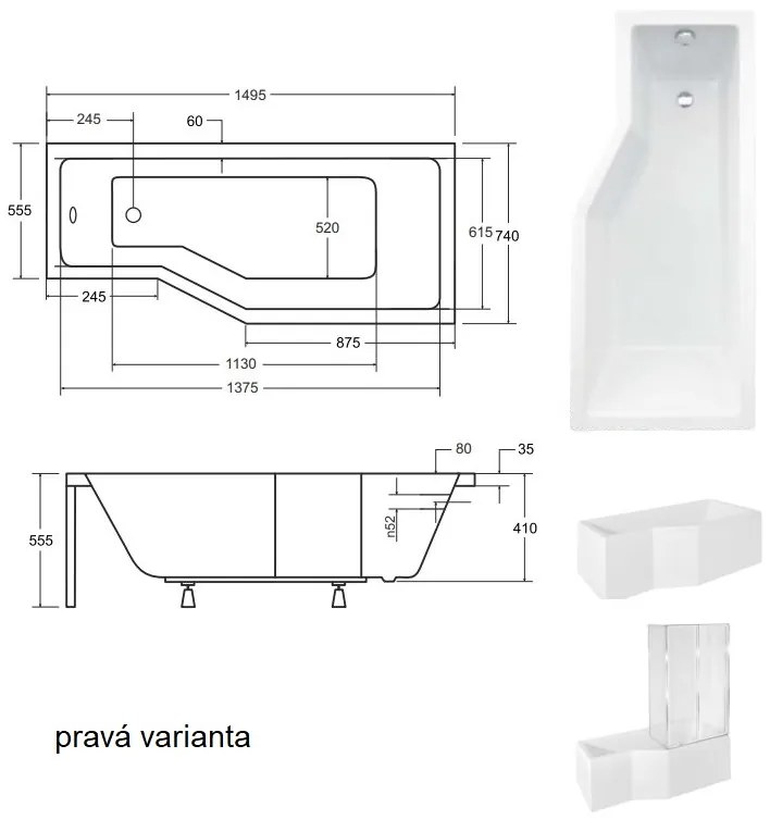 Besco Integra akrylátová vana Délka vany: 150cm, Orientace: Pravá