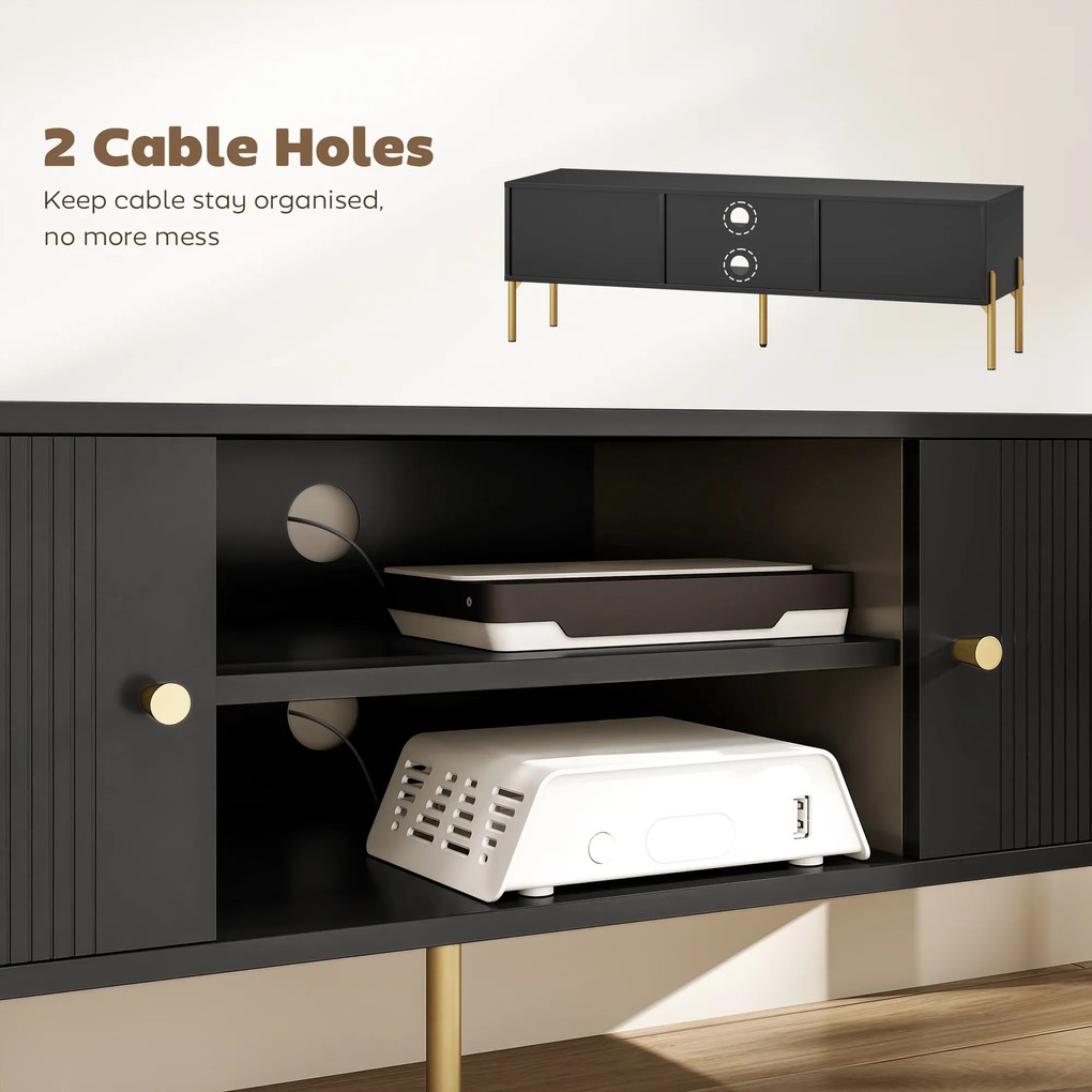 HOMCOM TV nábytek pro televizory až do 165,1 cm, žebrované dveře, otevřené přihrádky, kovové nohy, 140 x 38 x 45,9 cm, černé