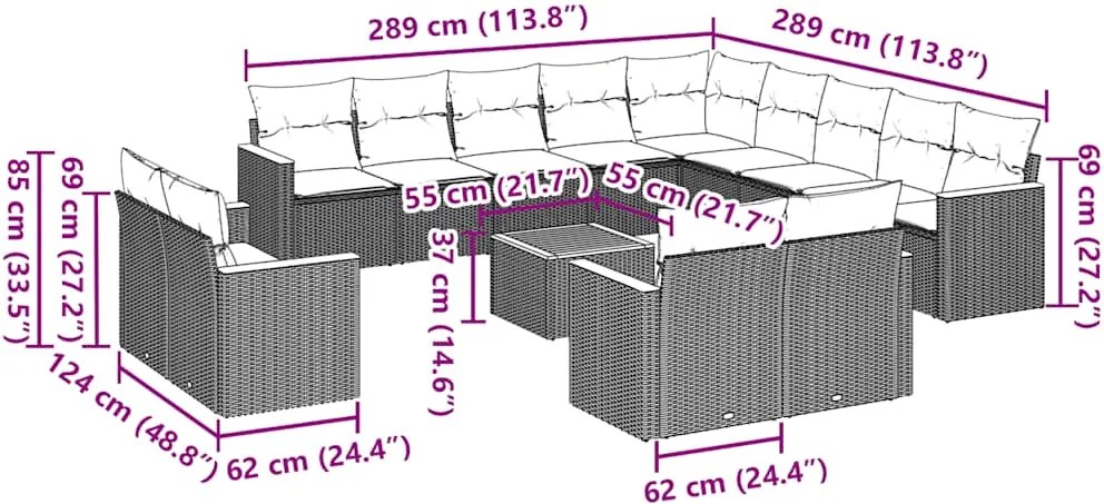 14dílná zahradní sedací souprava s poduškami černá polyratan 3258934