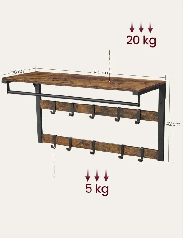 Goleto Nástěnný věšák na kabáty 30 x 80 x 42 cm | hnědý