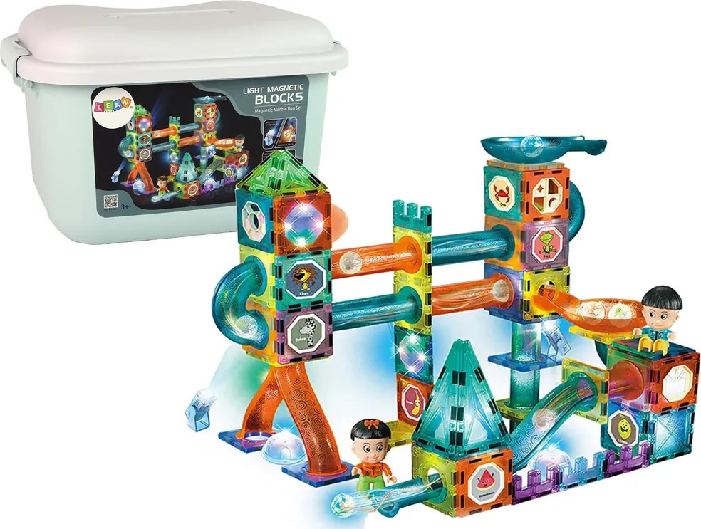 LEAN Toys Svítící skluzavka na kuličky, magnetické kostky v krabici, 150 dílů