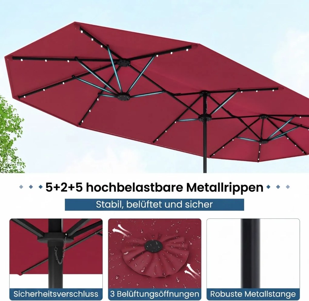 Costway Dvojitý slunečník se stojanem a LED světly a UPF 50+ vínově