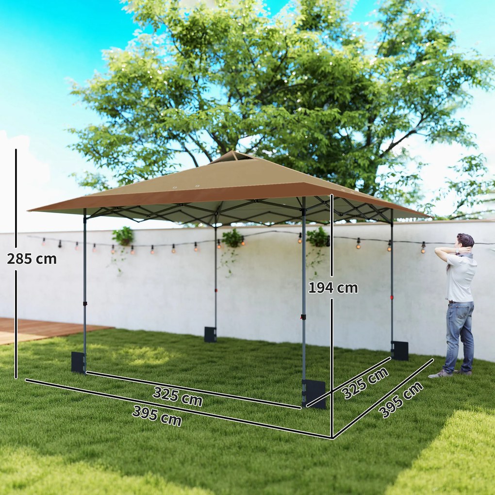Outsunny skládací pop-up pavilon 4x4 m s centrálním zámkem UPF50+ Nastavitelná výška Písečné vaky a přepravní taška Béžová a hnědá