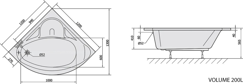 Polysan, NILA rohová vana 120x120x40cm, bílá, 10111