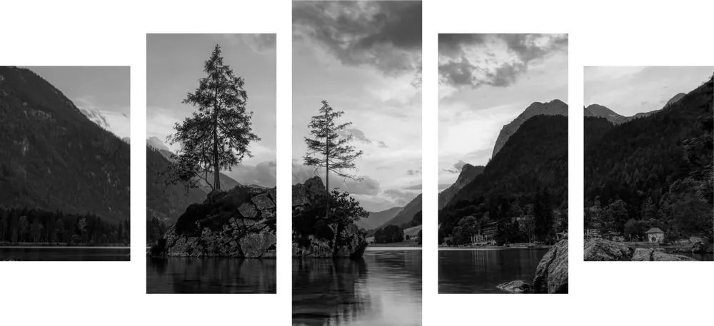 5-dílný obraz černobílá horská krajina u jezera - 200x100 cm
