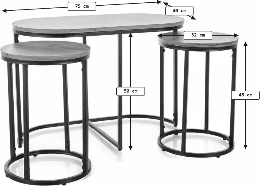 Konferenční stolek TWIXE s příručními stolky 75x40 cm, černý/dekor dub artisan