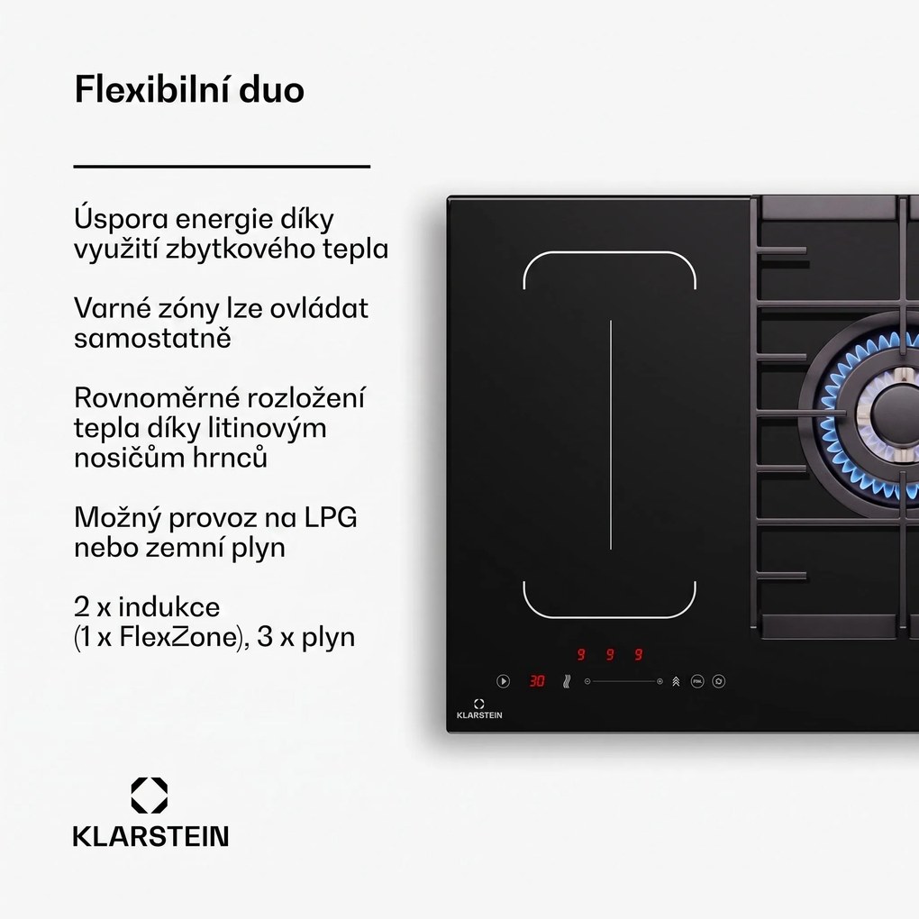 Klarstein MultiChef 5, indukční a plynová varná deska, 5 varných zón, 3 plynové hořáky, 2 indukční varné desky, FlexZone