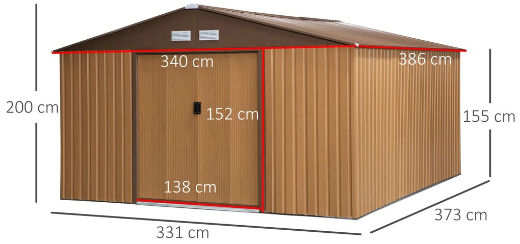 Koupit kůlnu na nářadí Outsunny, 340 x 386 x 200 cm, se základovou deskou, kůlna na nářadí, zahradní kůlna, zahradní domek, kov, hnědá