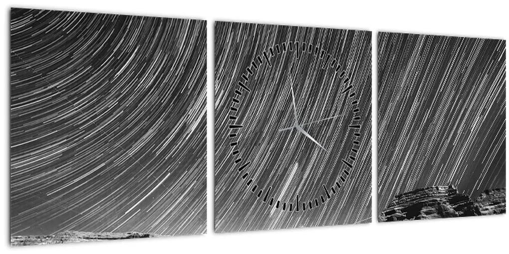 Černobíly obraz hvězdné oblohy (s hodinami) (90x30 cm)