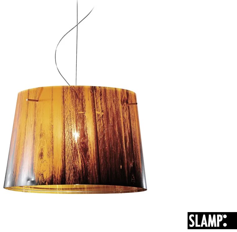 Slamp Woody, designové závěsné svítidlo s oranžovo-černým stínítkem v dekoru dřeva, 1x100W, prům. 37cm
