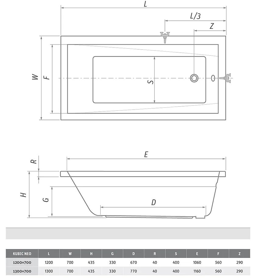 Roth Obdélníková akrylátová vana pro menší prostory KUBIC NEO SHORT Varianta: rozměry: 120x70 cm - (KUBIC NEO SHORT 120x70 - 9350000)