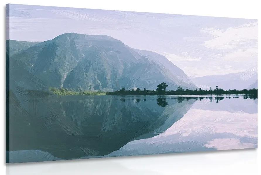 Obraz malovaná scenérie horského jezera - 120x80 cm