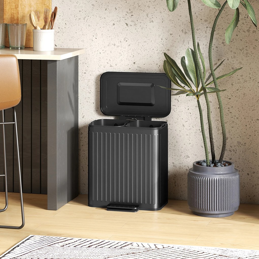 Kuchyňský odpadkový koš, 2 přihrádky po 20 l, efektivní třídění odpadu, nožní pedál, plast, kov, černý