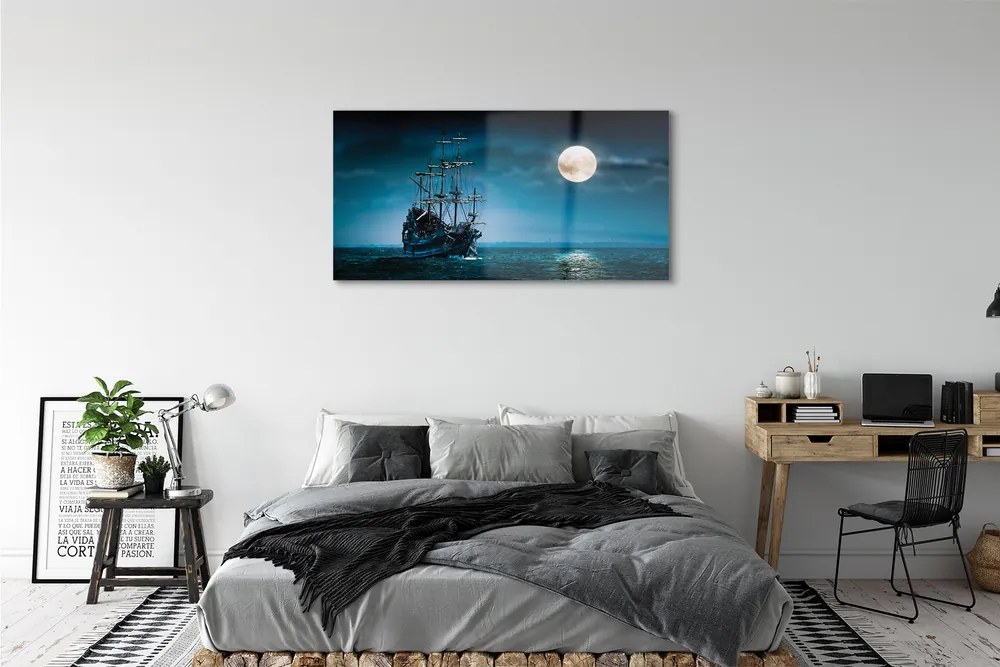 akrylový obraz Sea city měsíc loď 125x50 cm