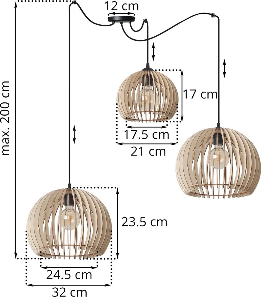 Závěsné svítidlo Timber Spider 6, 3x dřevěné stínítko