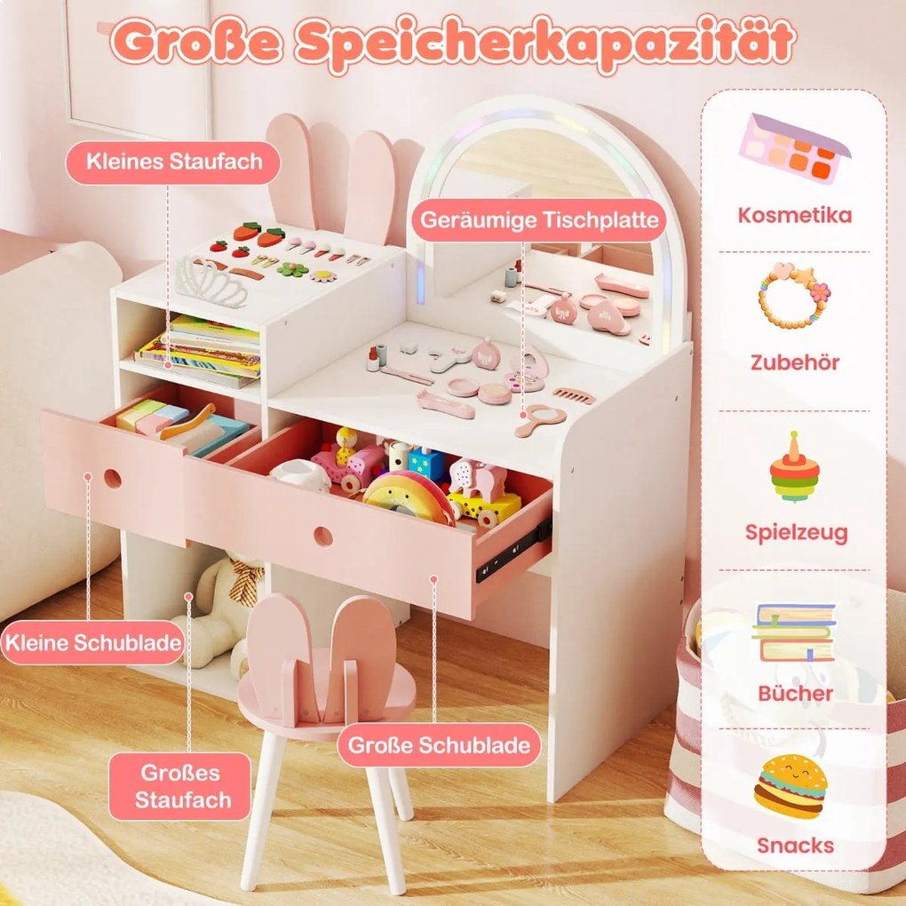 Costway Toaletní stolek pro děti s osvětlením s osvětleným zrcadlem s otevřenými
