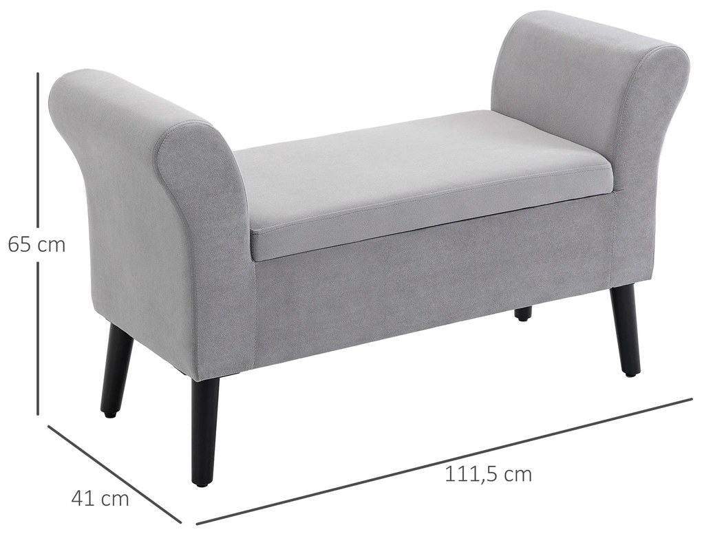 HOMCOM Světle šedá čalouněná lavice s úložným prostorem, sametový polyester, kaučukové dřevo, moderní do předsíně a ložnice | Aosom.de