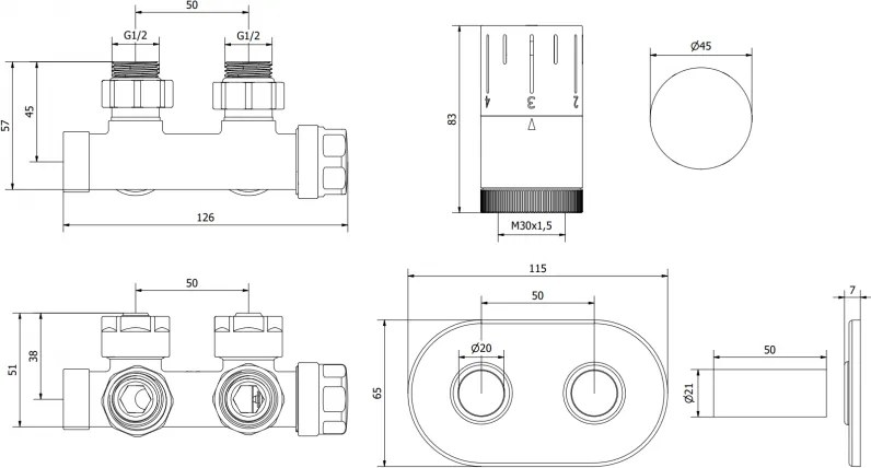 Mexen Duplex G05, úhlový termostatický set s kulatou krytkou, DN50, zlatá lesklá, W907-958-905-50